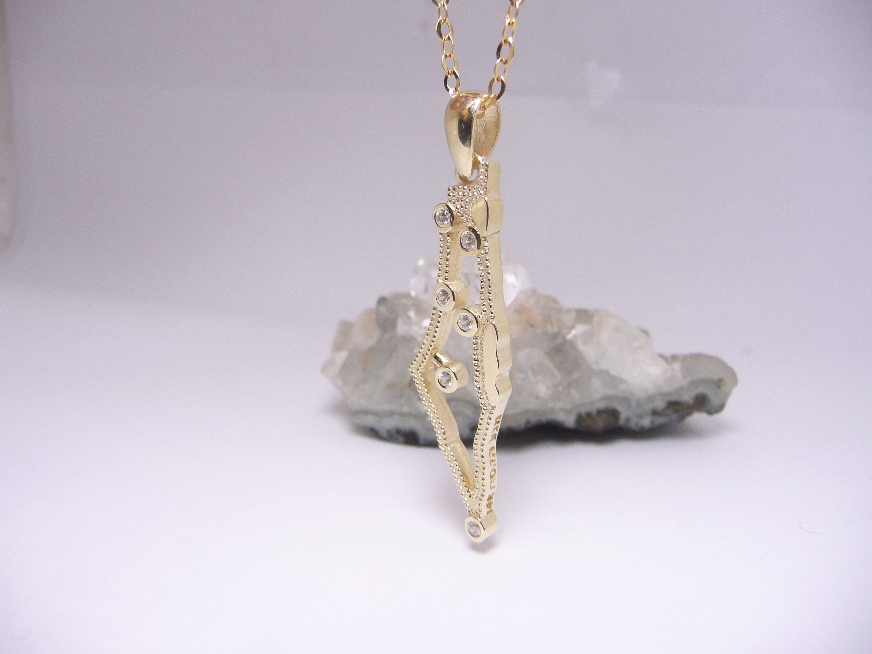 14K gold Map of Israel Necklace - Cubic Zirconia Outline or Diamonds J ...